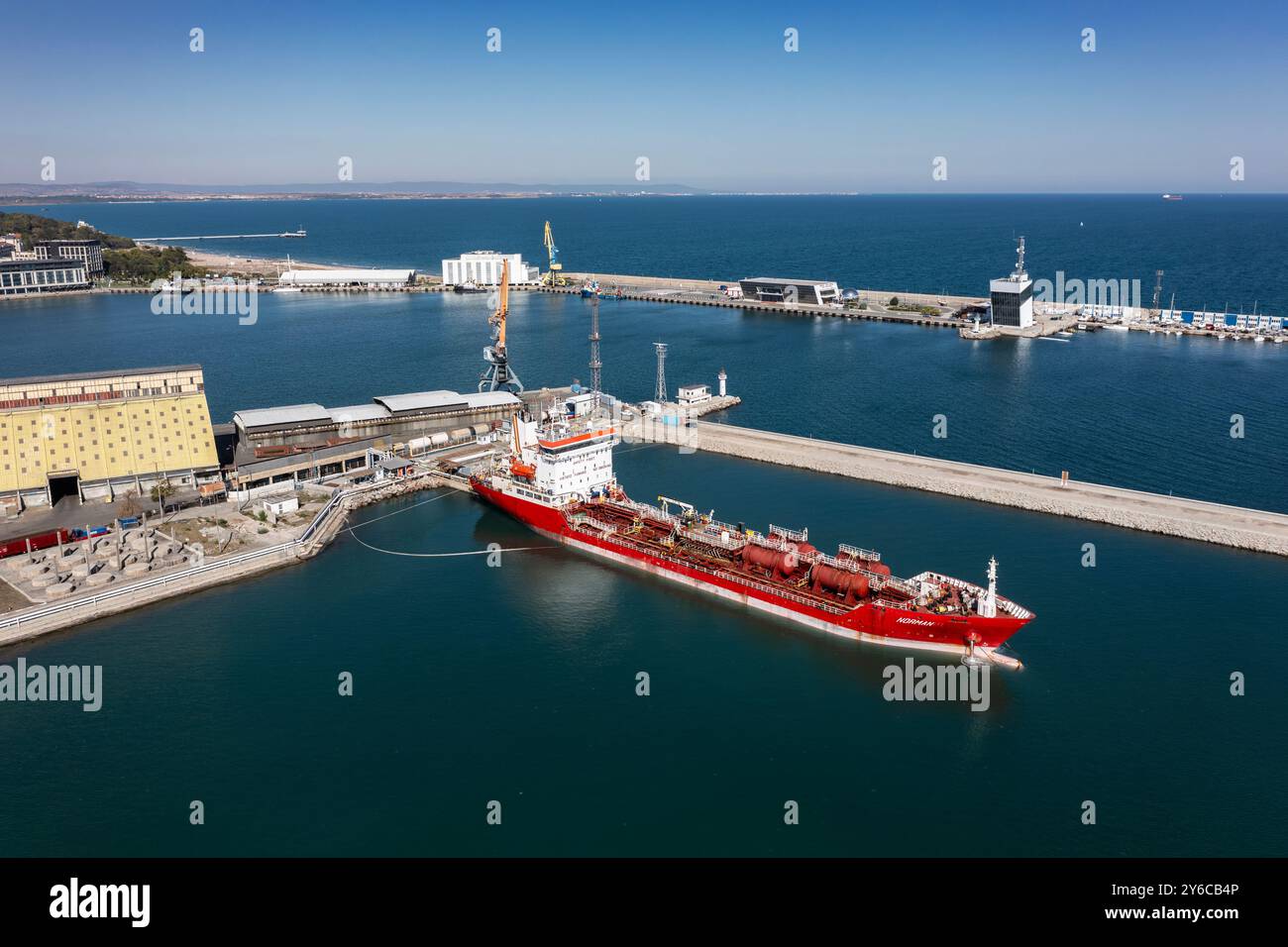 Aerial view to cargo ship on the port of Burgas, Bulgaria Stock Photo ...