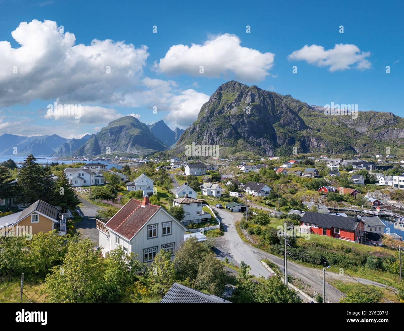 Aerial view, villagescape in rugged landscape, Sorvagen, Lofoten ...