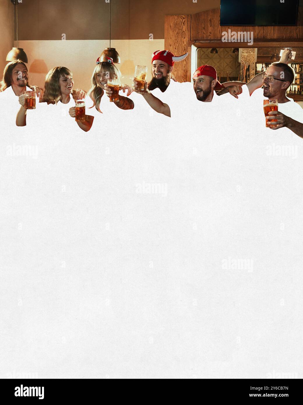 Contemporary art collage. Group toasting with beers, their outfits ...