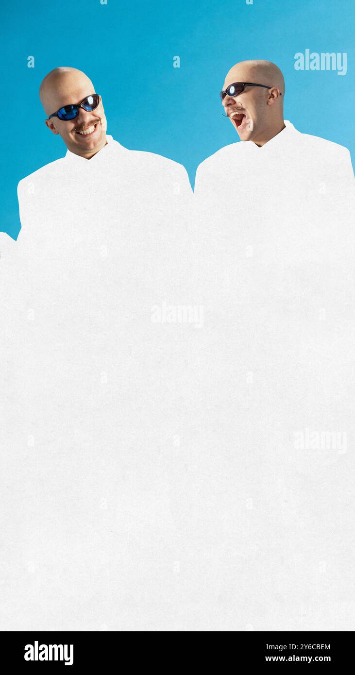 Contemporary art collage. Two men laugh against blue backdrop. Their ...