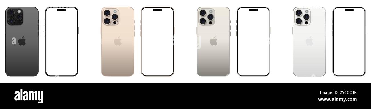Set of New Apple iPhone 16 Pro in different colors. Mockup screen front ...