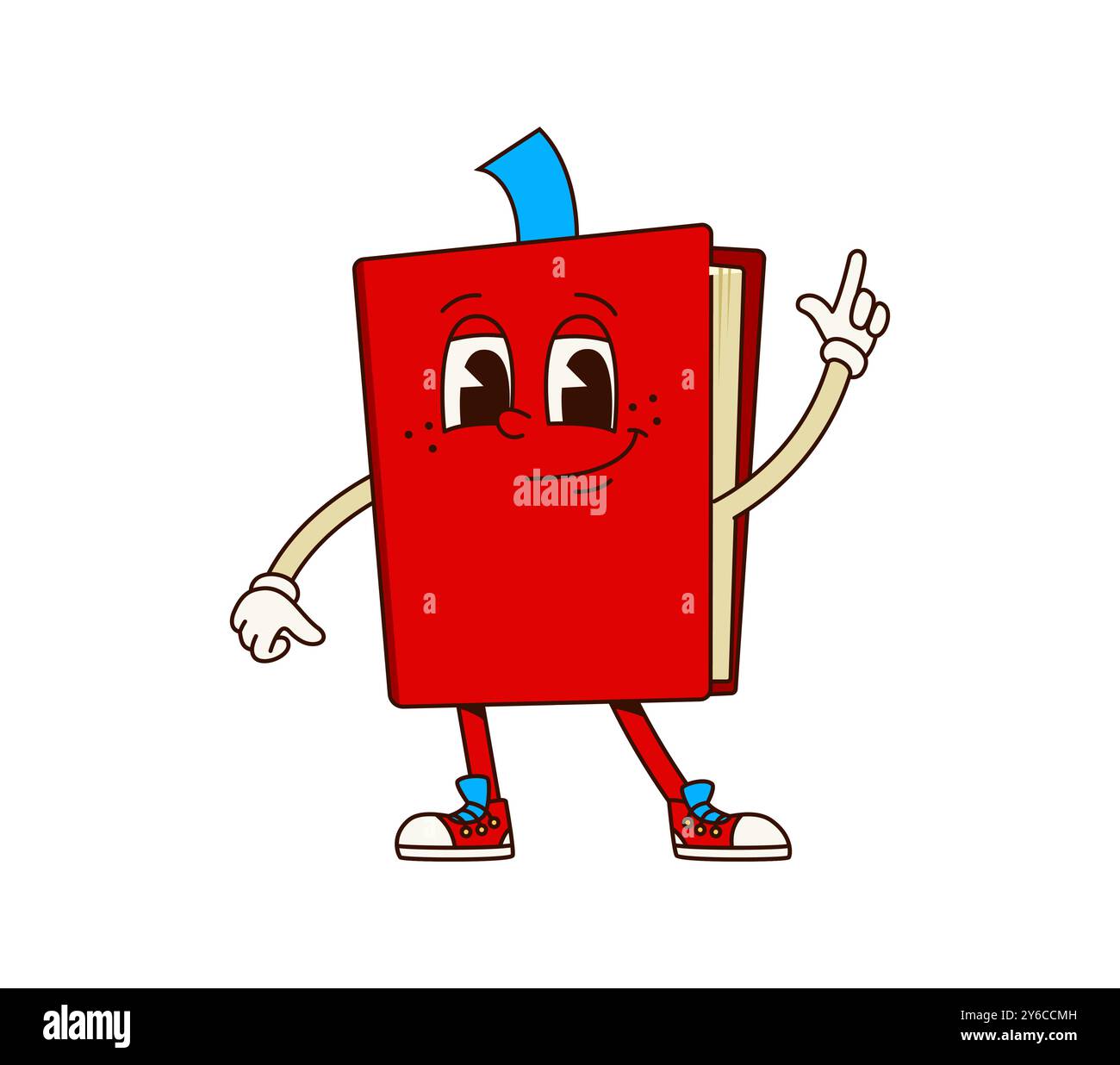 Book groovy character, cartoon retro textbook showing pointing gesture ...