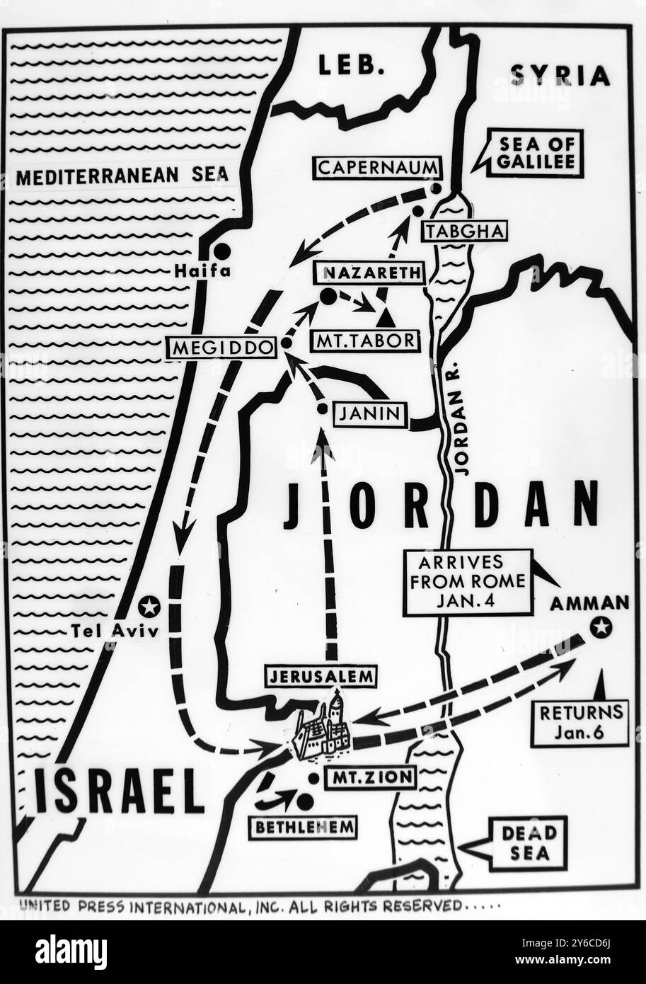 POPE PAUL VI TO VISIT HOLYLAND MAP SHOWS CHRISTIAN SHRINE JORDAN ISRAEL ...