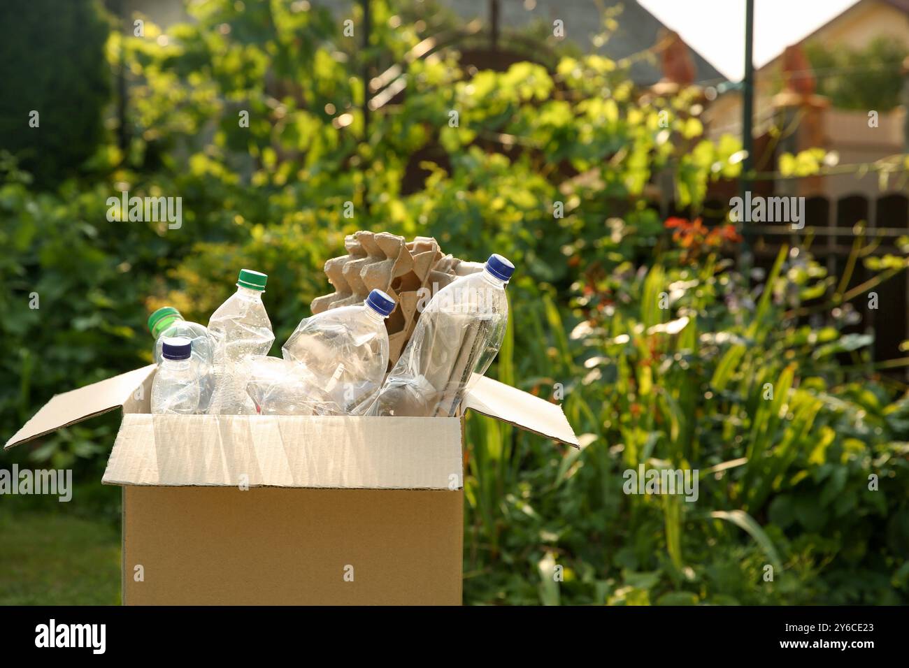 Recycling. Different garbage in cardboard box outdoors Stock Photo - Alamy