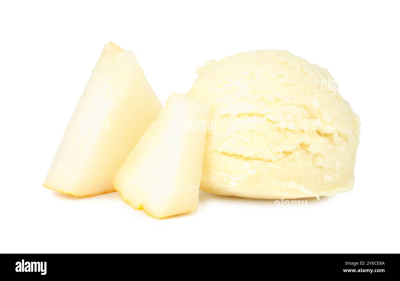 Tasty melon sorbet and pieces of fresh fruit isolated on white Stock ...