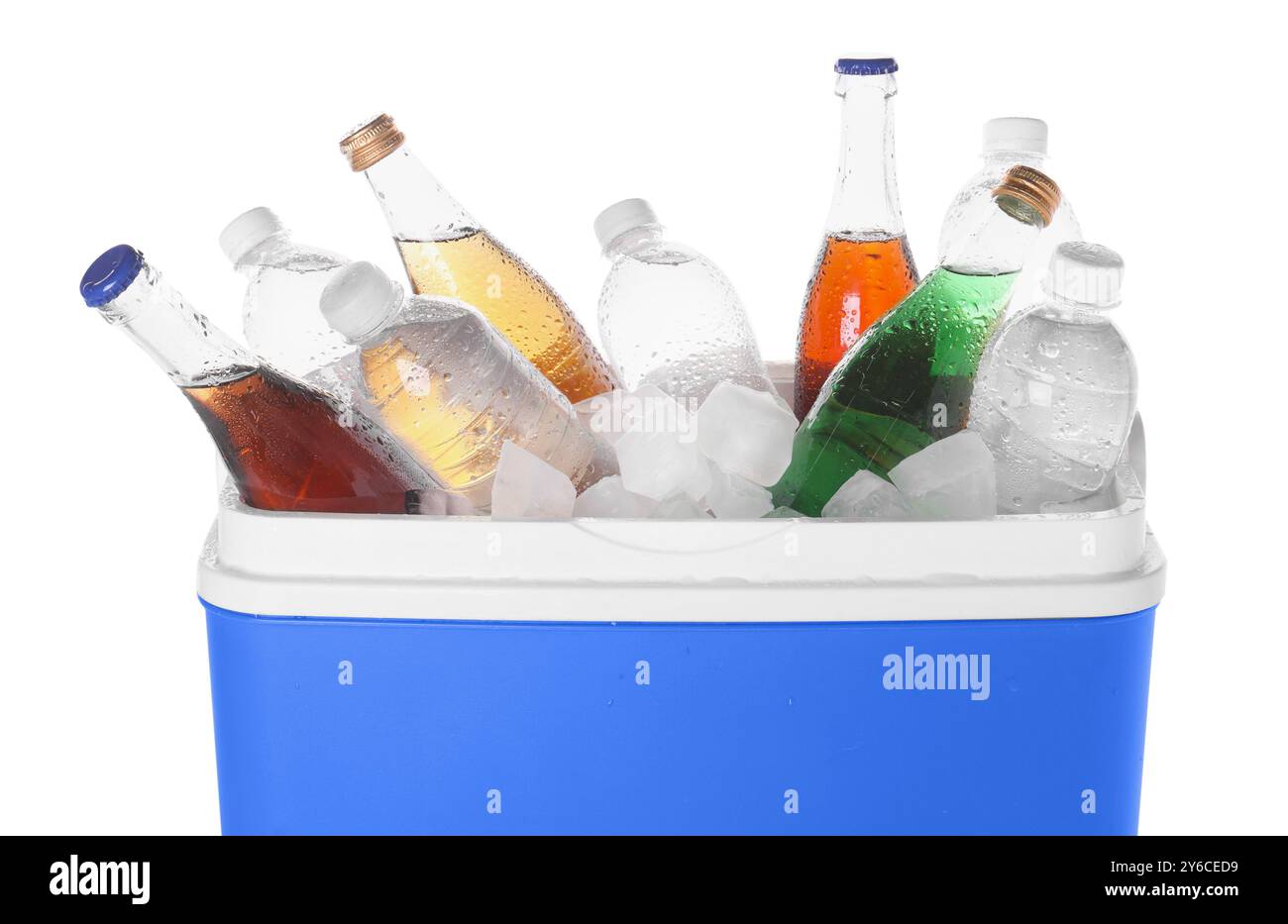 Many bottles of drinks in cooler box isolated on white Stock Photo - Alamy