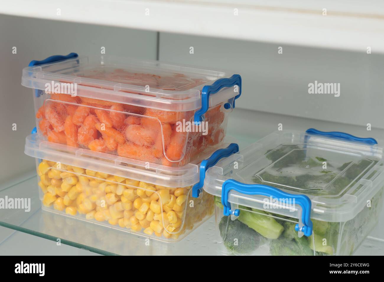 Plastic containers with different frozen vegetables in refrigerator ...
