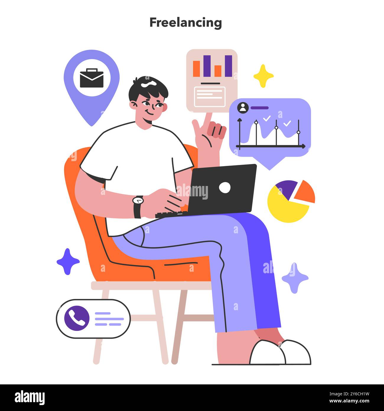 Freelancing. Male character working remotely through the internet. Idea ...