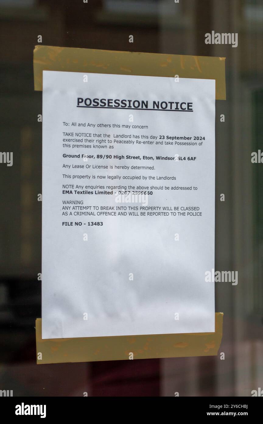 Eton, Windsor, Berkshire, UK. 24th September, 2024. A Possession Notice ...