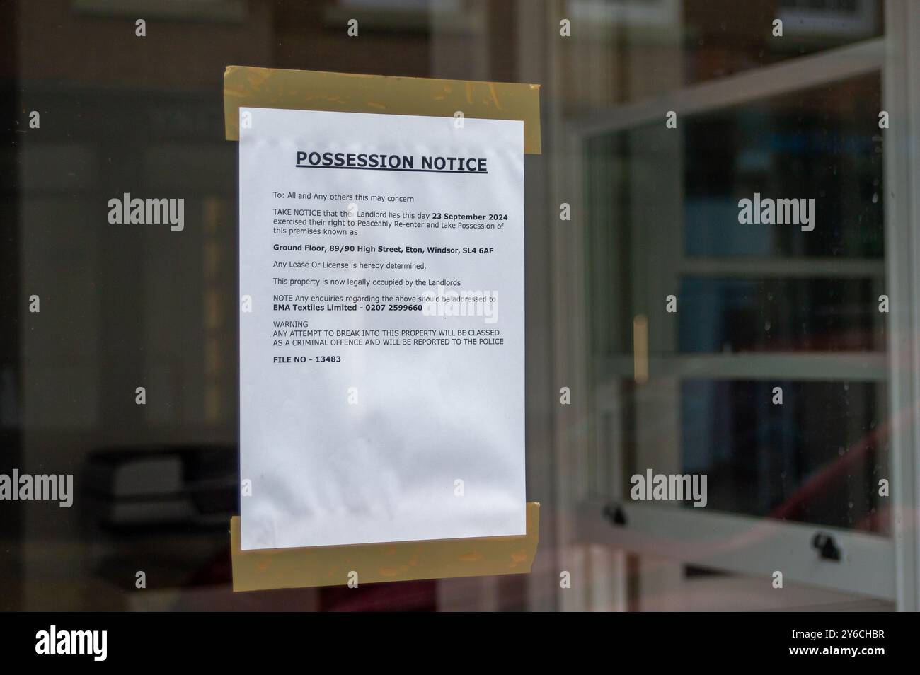 Eton, Windsor, Berkshire, UK. 24th September, 2024. A Possession Notice ...