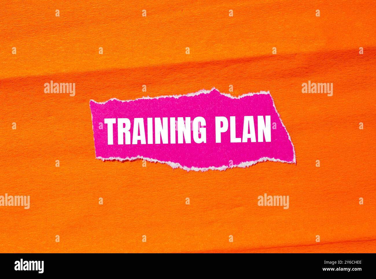 Training plan message written on ripped torn pink paper with orange ...