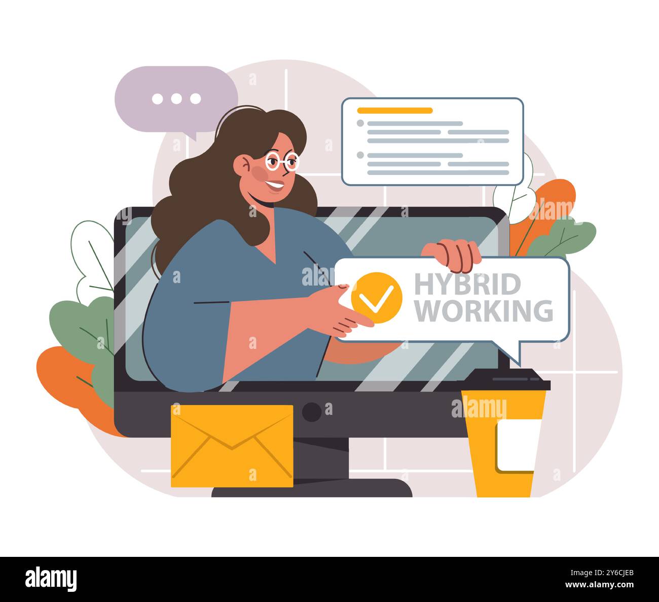 Hybrid work. Characters with a flexible schedule, working from office and home. Telework and ...