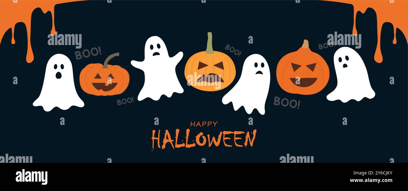 halloween banner with cute ghosts and pumpkins vector illustration ...