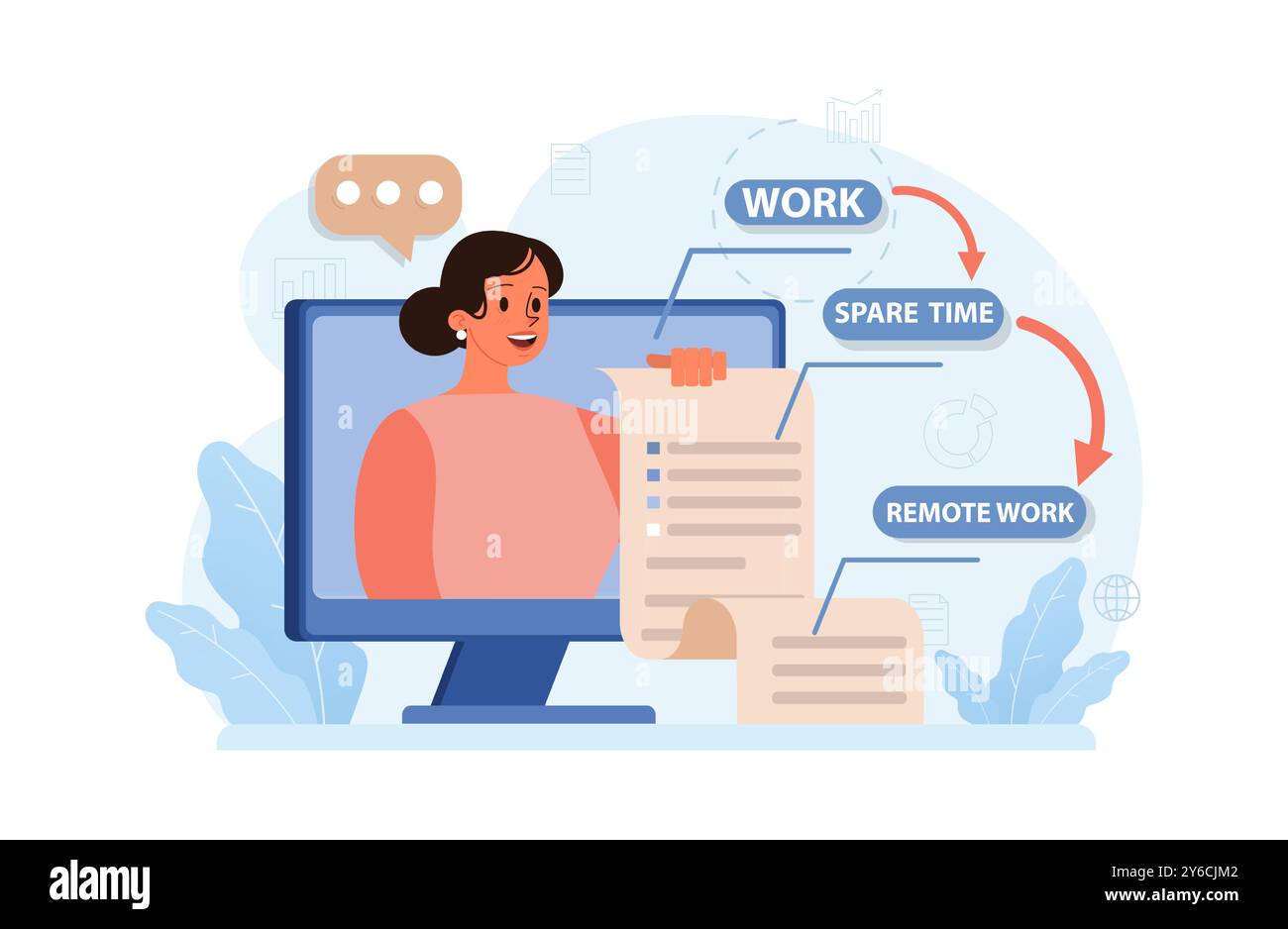 Hybrid work. Characters with a flexible schedule, working from office and home. Telework and ...