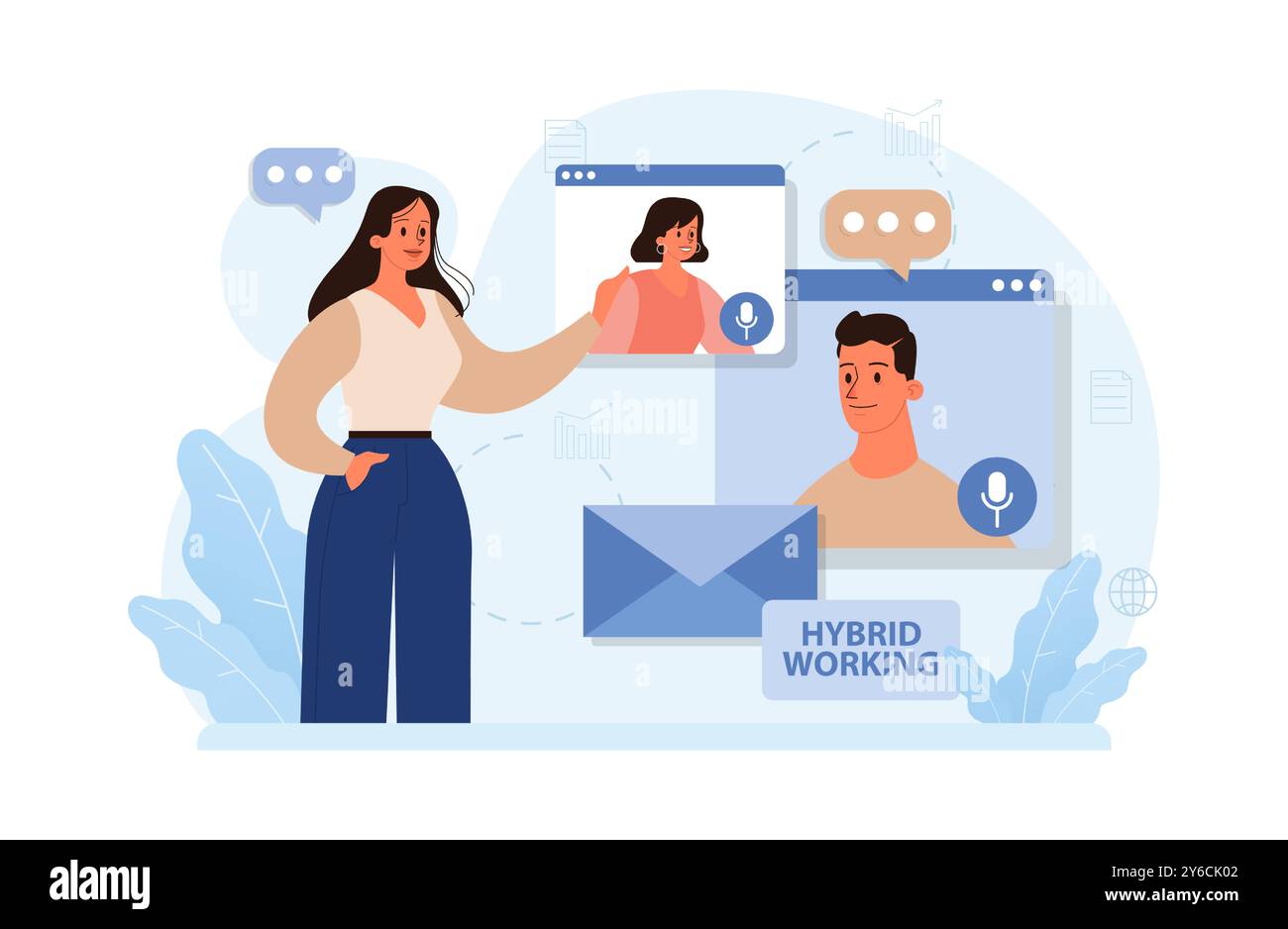 Hybrid work. Characters with a flexible schedule, working from office and home. Telework and ...