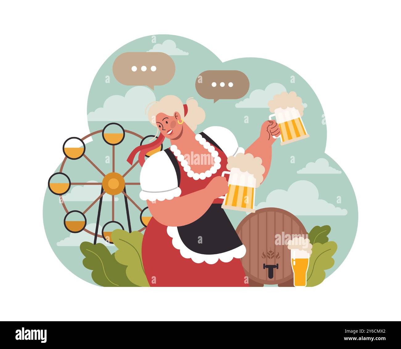 Oktoberfest festival. Cheerful Bavarian pub worker in a national ...