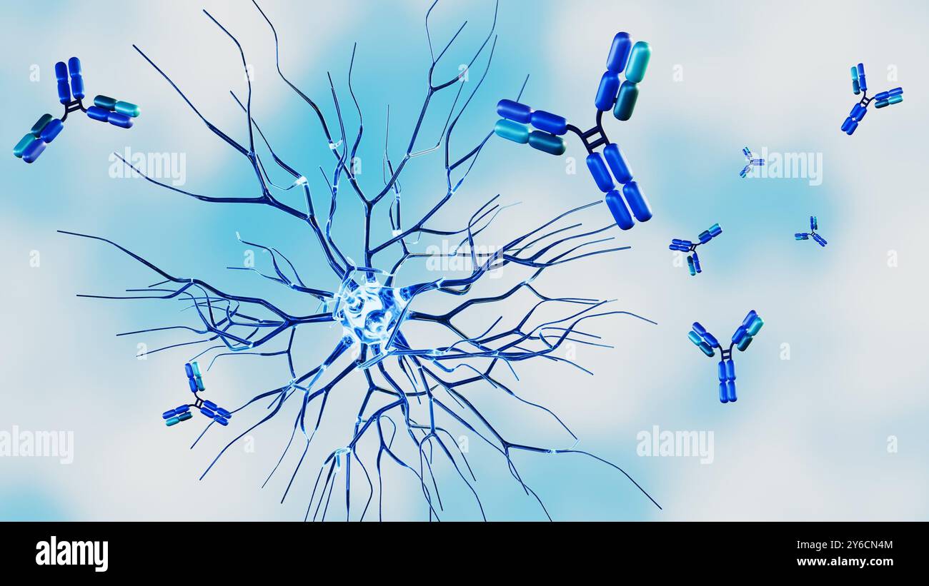 3D renderings of antibody molecules and brain cells, Antibodies can ...