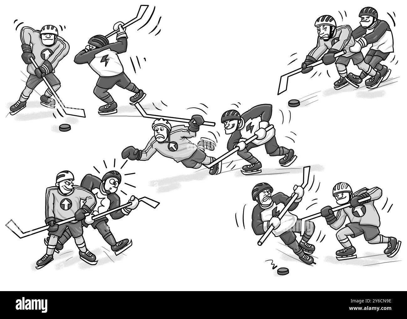 Black & white art, montage of ice hockey images, players from opposite ...