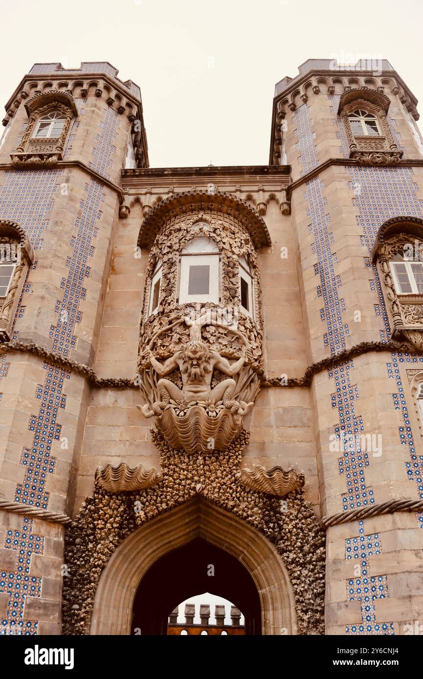 Detailed architectural facade of Pena Palace in Sintra, Portugal ...