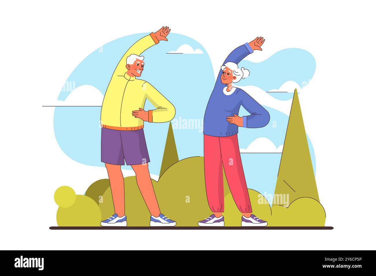 Old characters doing an outdoor workout in the city park. Active ...