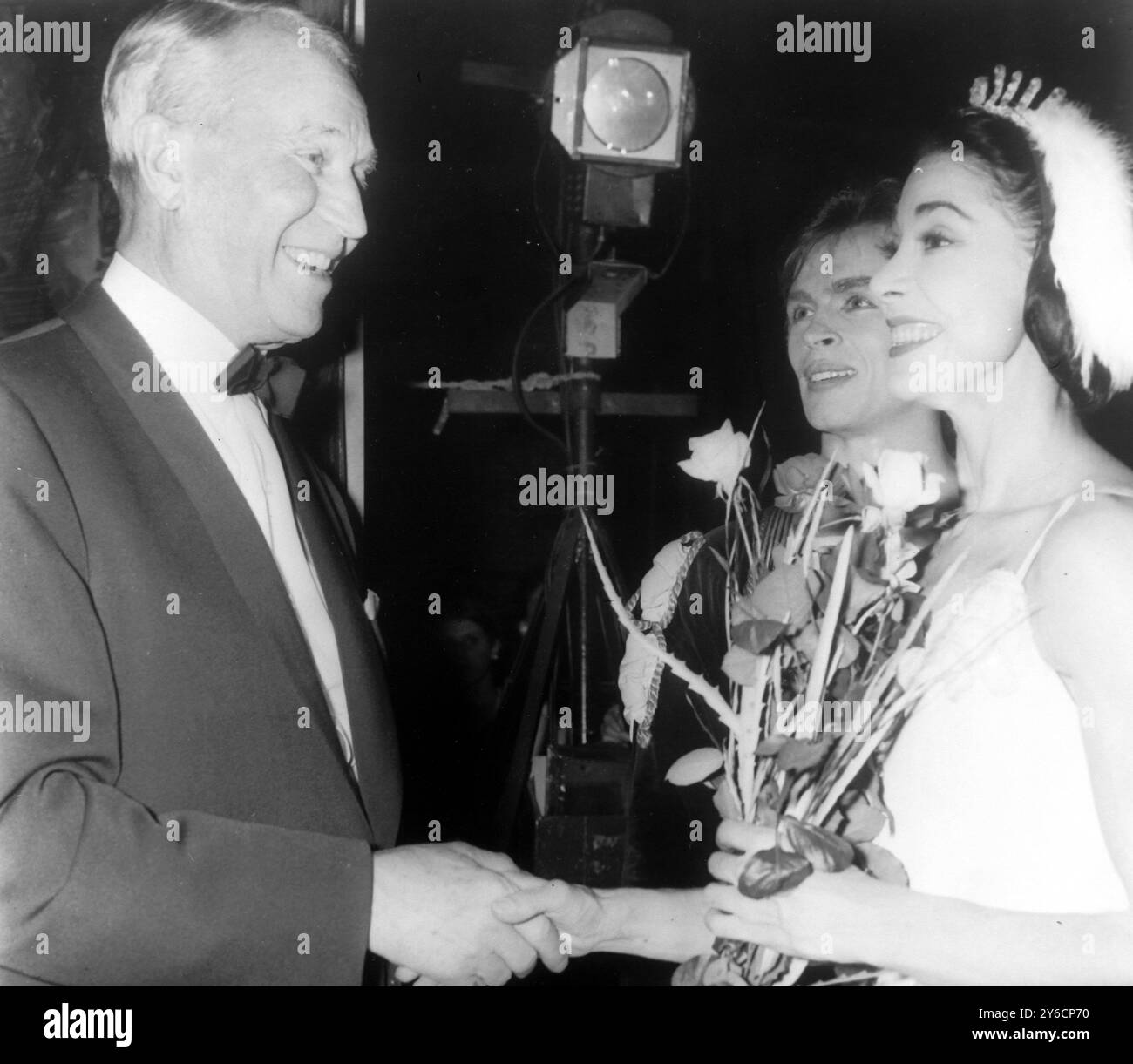 FRENCH STAR MAURICE CHEVALIER WITH BALLERINA DAME MARGOT FONTEYN AND RUDOLF NUREYEV IN PARIS ; 6 ...