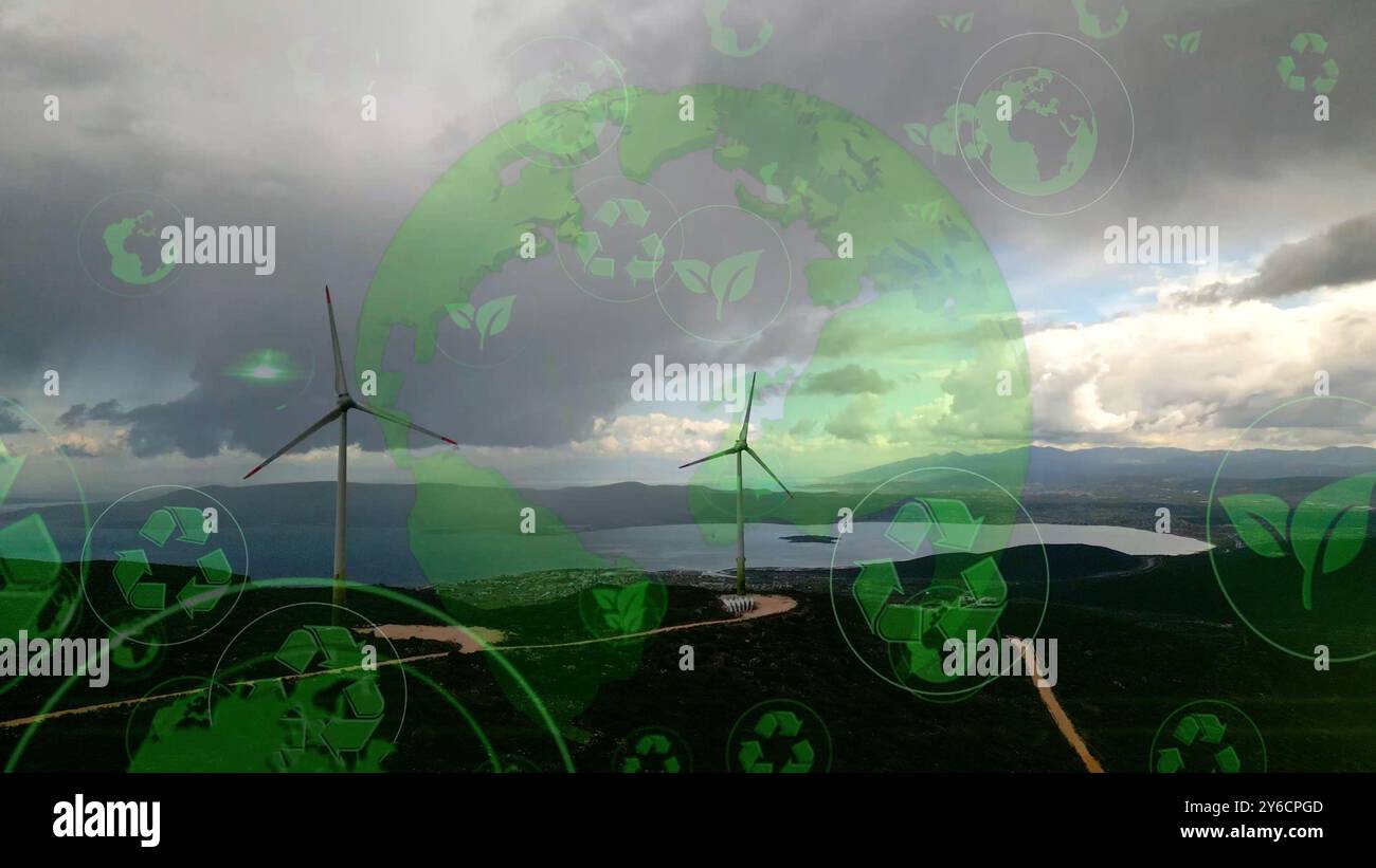 Alternative Energy. Wind farm. Aerial view of horizontal-axis wind ...