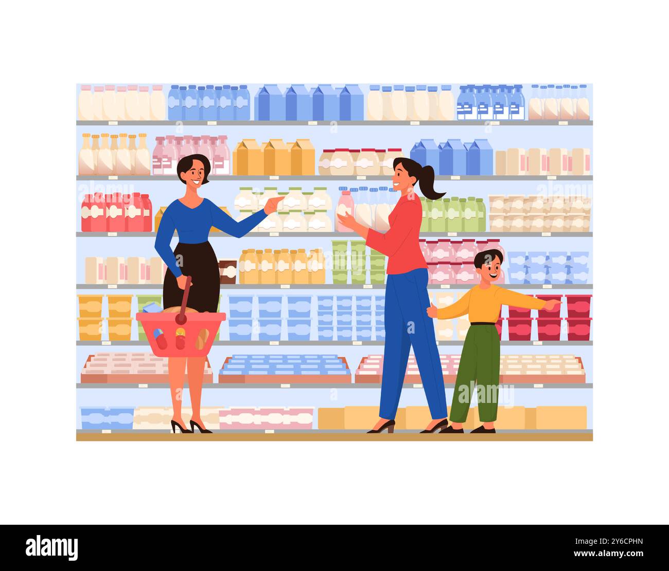 Supermarket interior. Grocery shop with cashier and customers buying ...