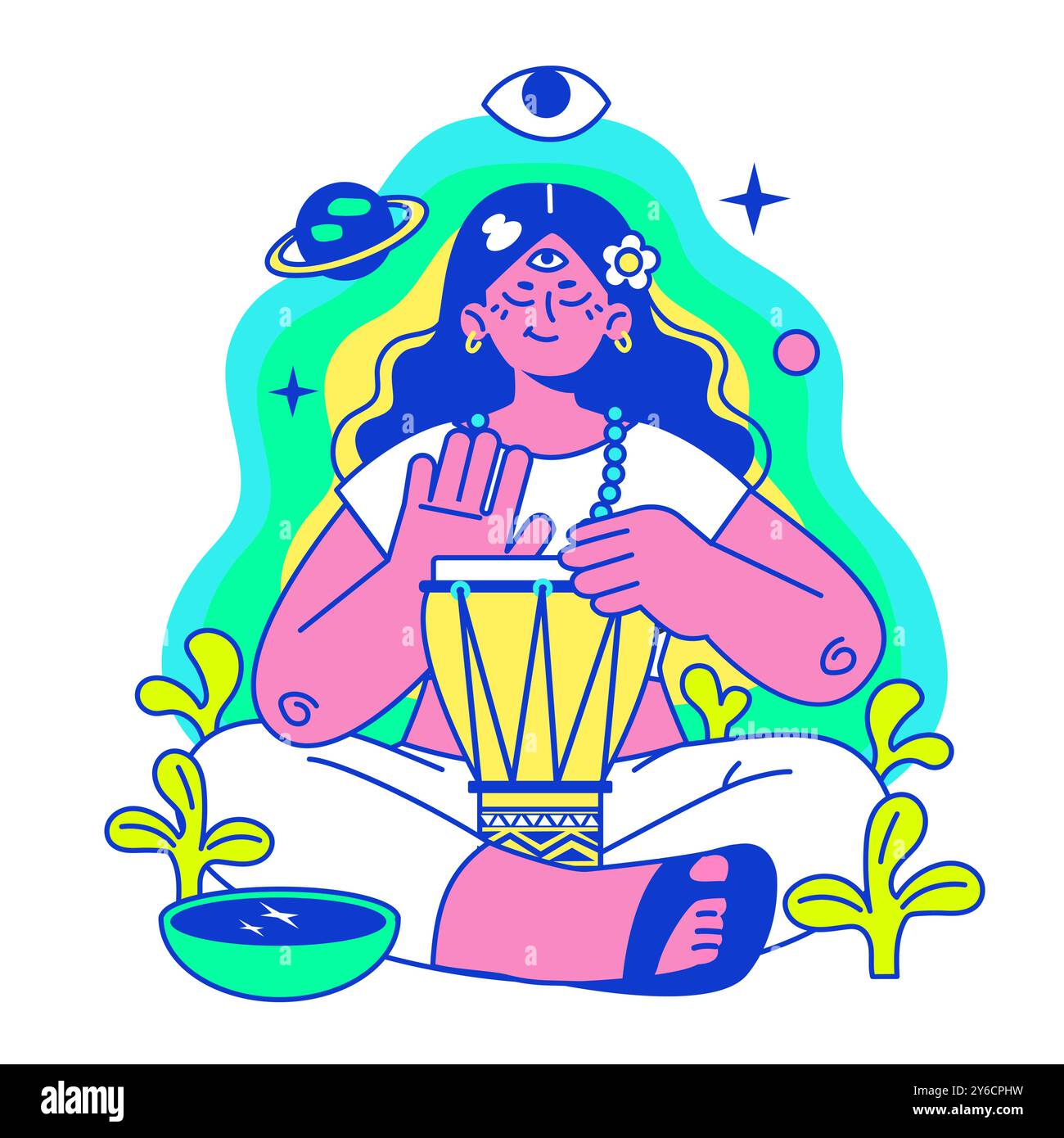 Psychedelic trip party. Rave camp. Character drinking alcohol, taking ...