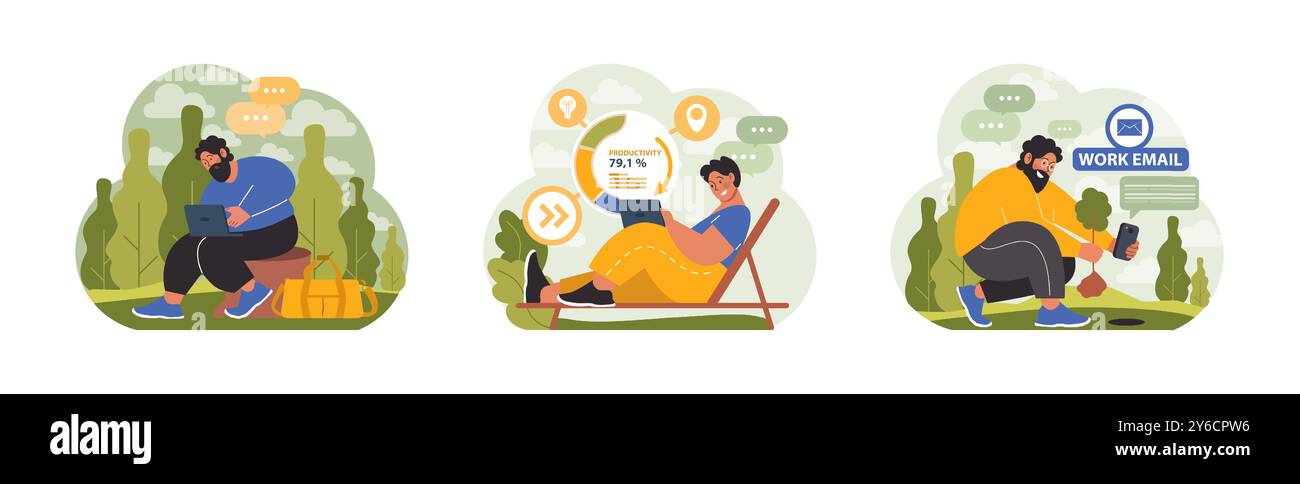 Workcation. Chatacter working away from the office. Digital nomad or ...