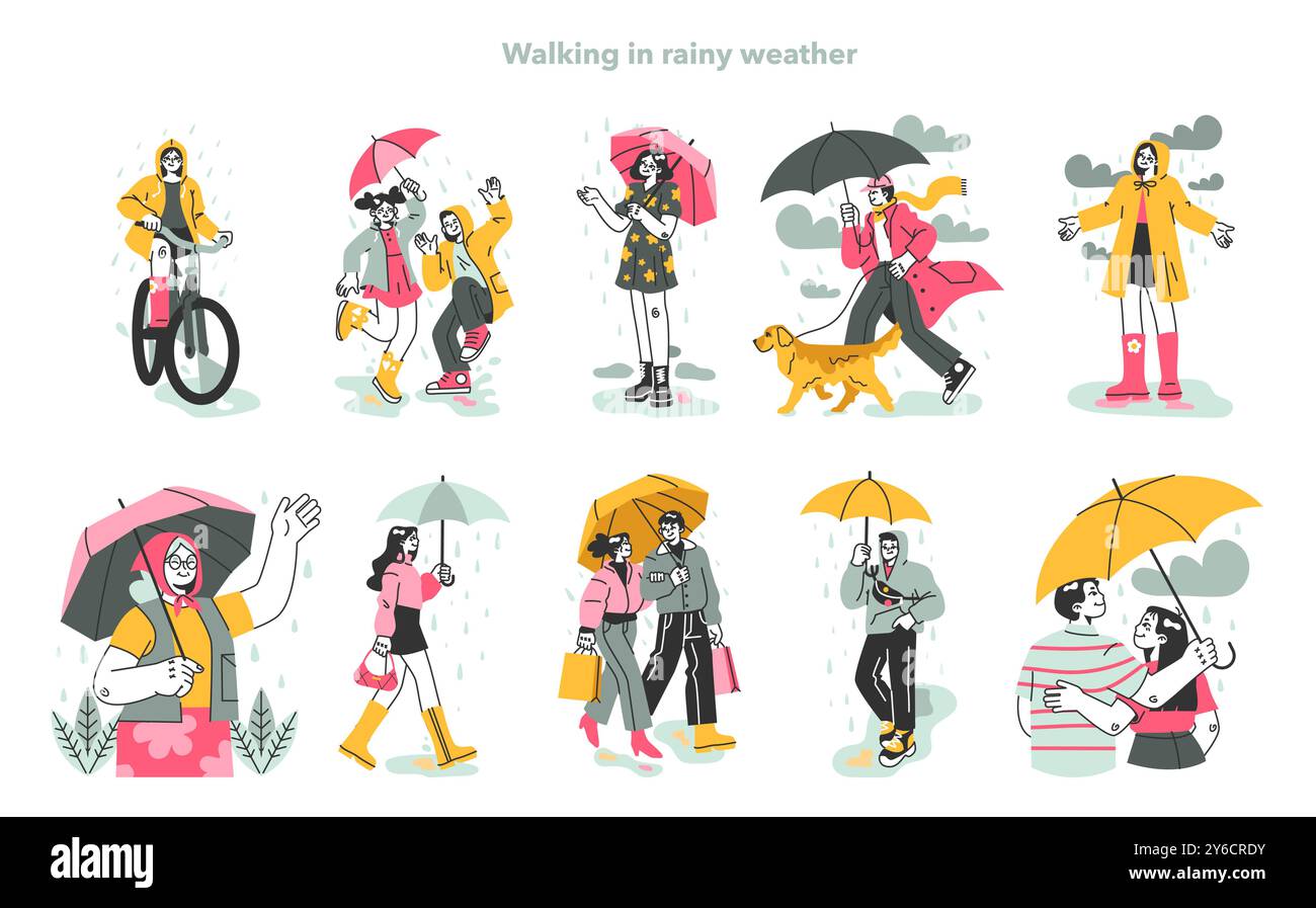 Characters under the rain set. Rainy and cloudy weather in summer or ...