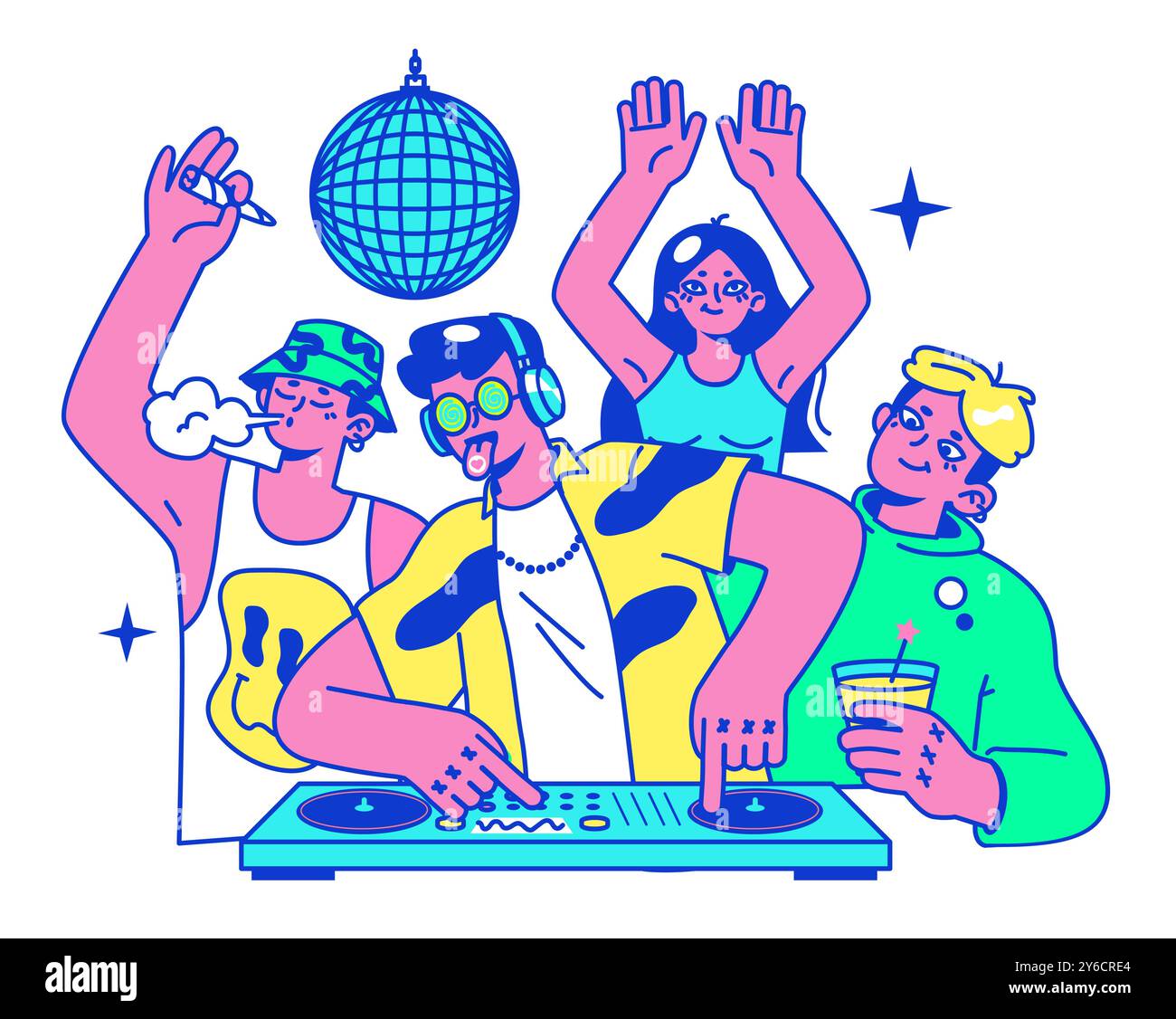 Psychedelic trip party. Rave camp. Characters dancing and drinking ...