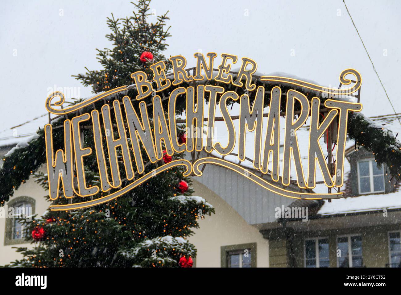 Christmas market welcome sign in Bern, Switzerland. "Bern Christmas market" written on sign in ...