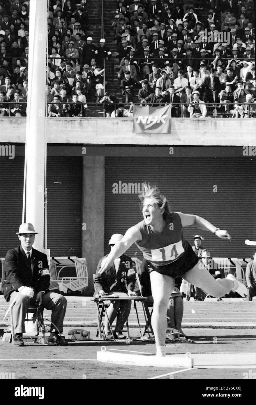 ATHLETE TAMARA PRESS OF RUSSIA WINS IN TOKYO, JAPAN / ; 12 OCTOBER 1963 ...