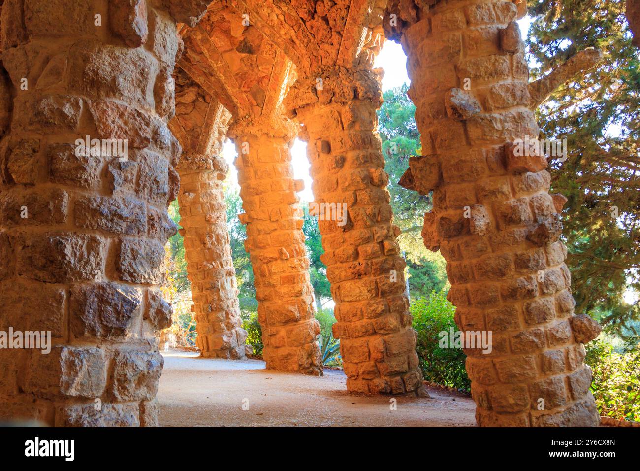 Columns designed by Antoni Gaudi in park Guell in Barcelona, Spain ...
