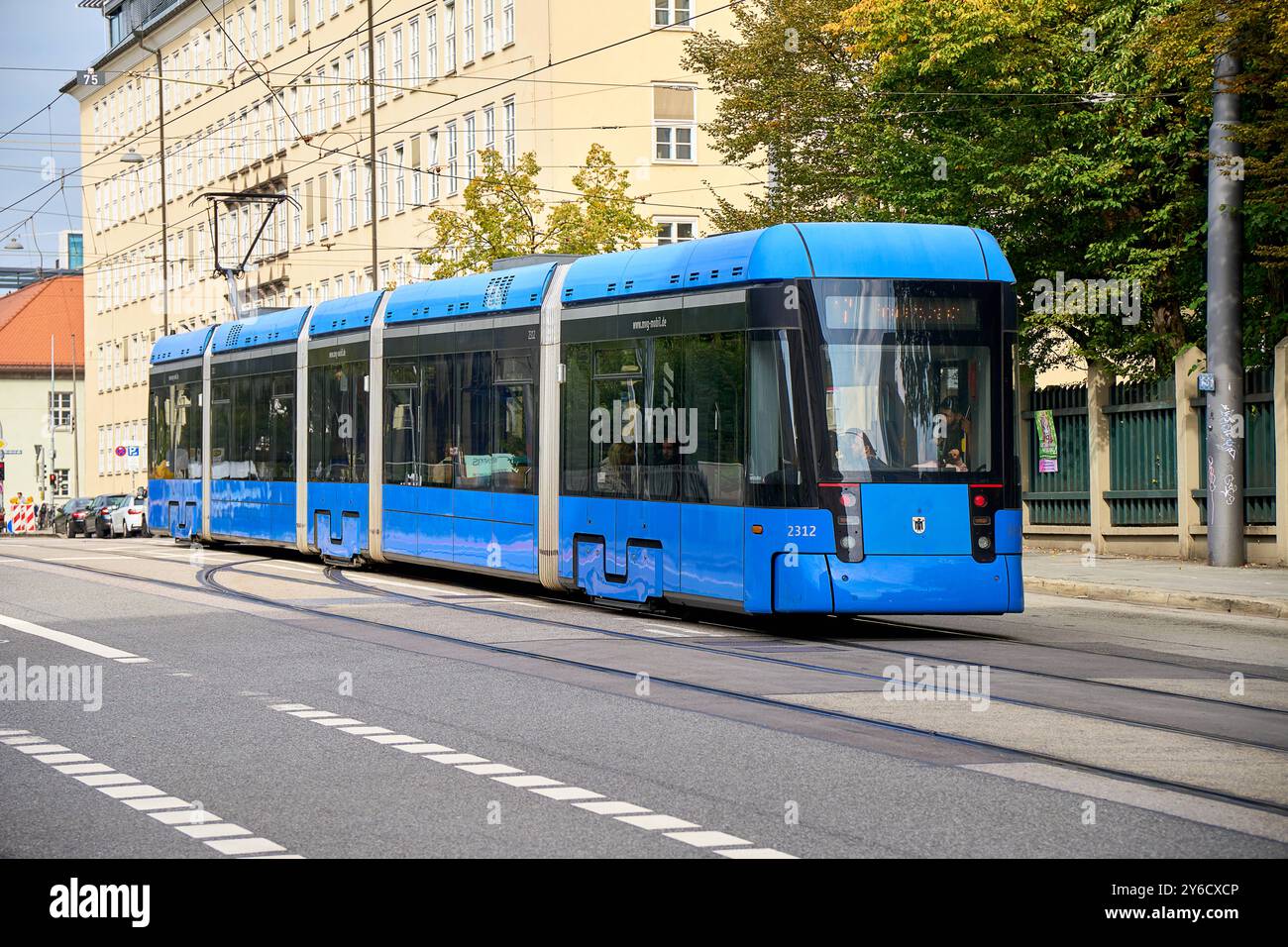 Munich, Bavaria, Germany - September 23, 2024: A modern blue streetcar ...