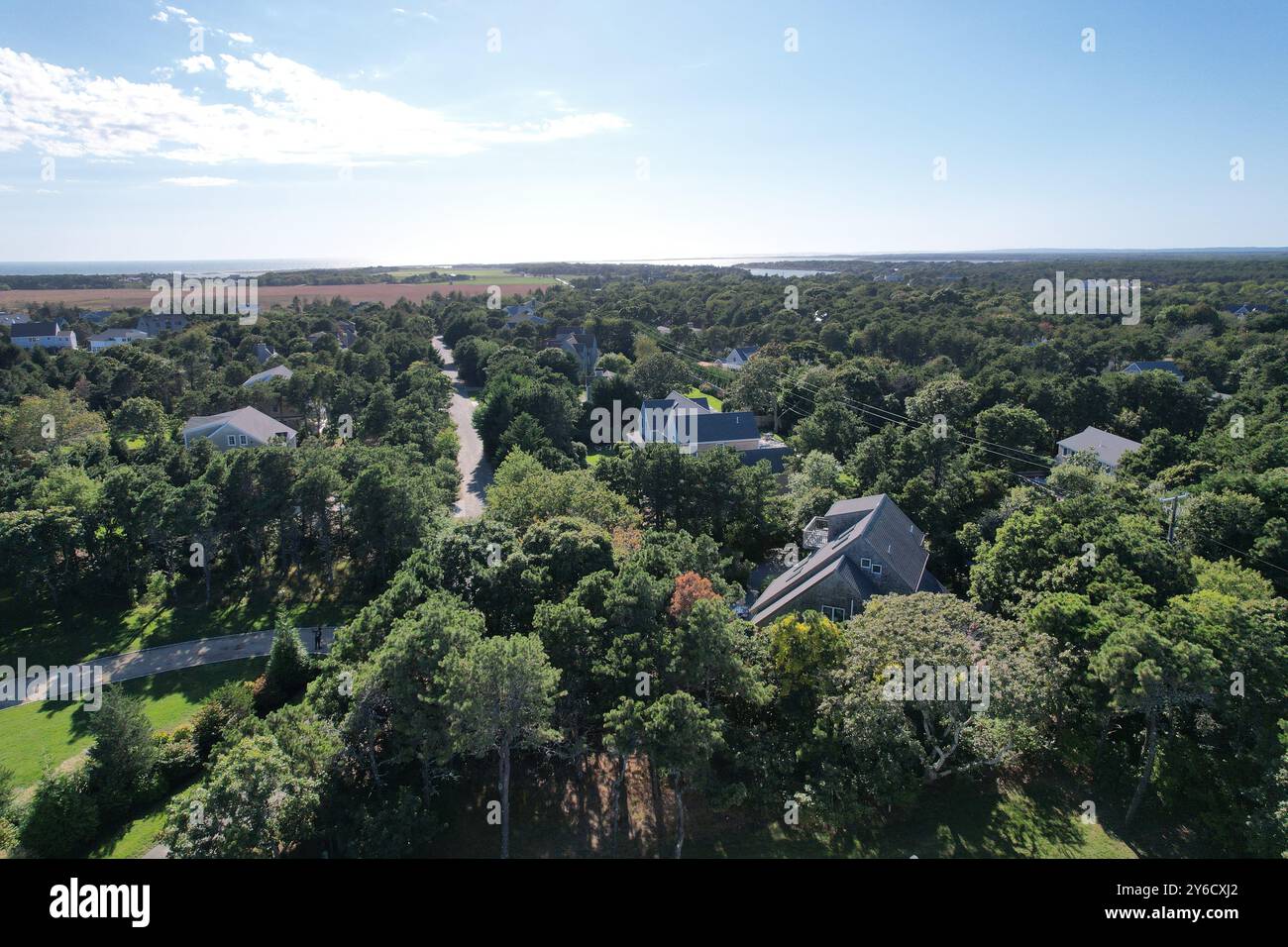 Aerial view of a suburban neighborhood with a mix of houses and trees ...