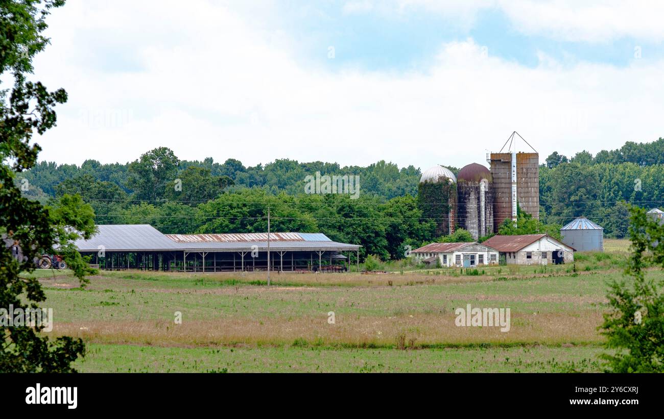 Landscape featuring an abandoned dairy farm with old, dilapidated ...