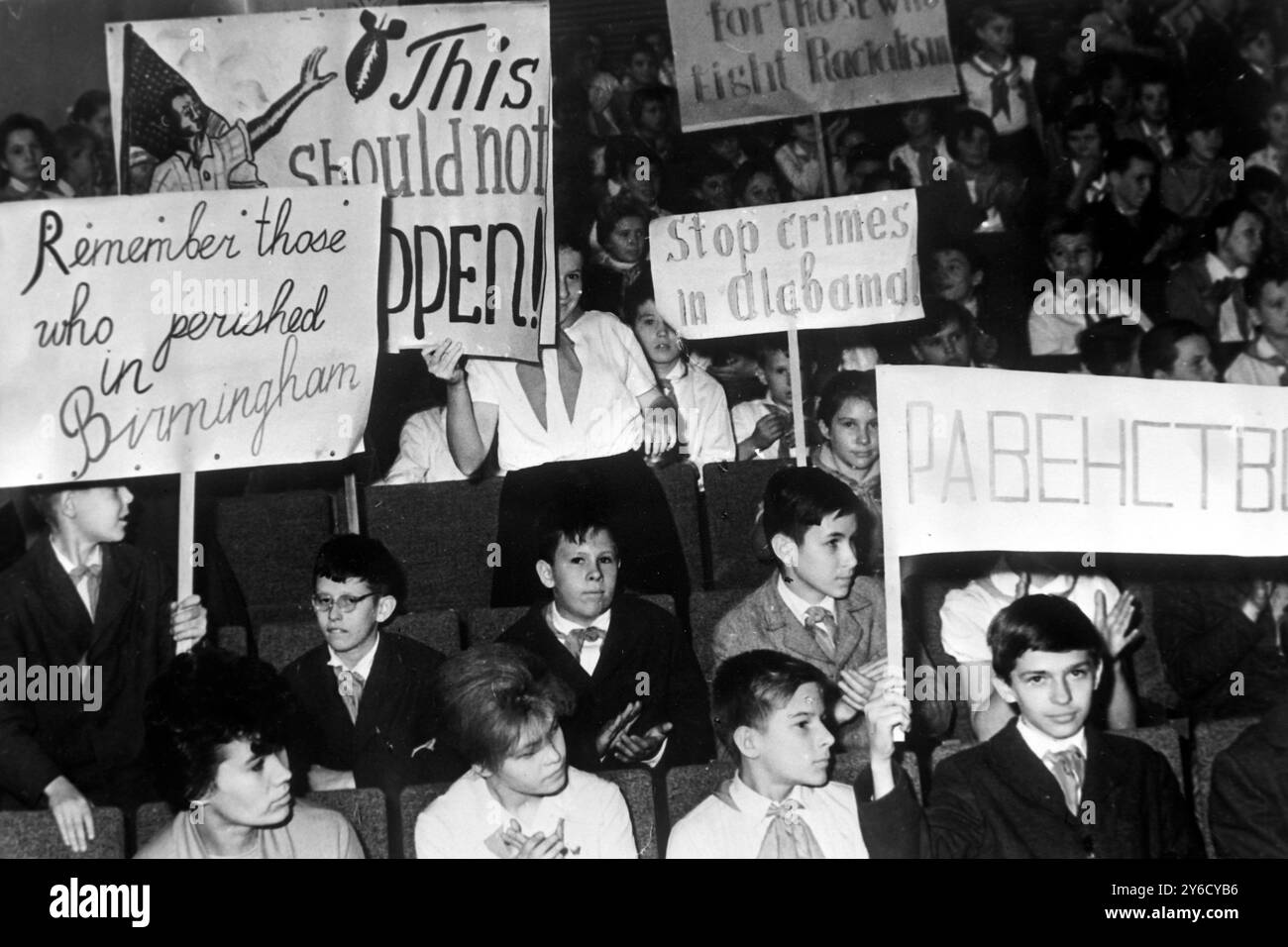 SCHOOLCHILDREN IN MOSCOW WITH POLITICAL BANNERS ABOUT BLACK SEGREGATION ...