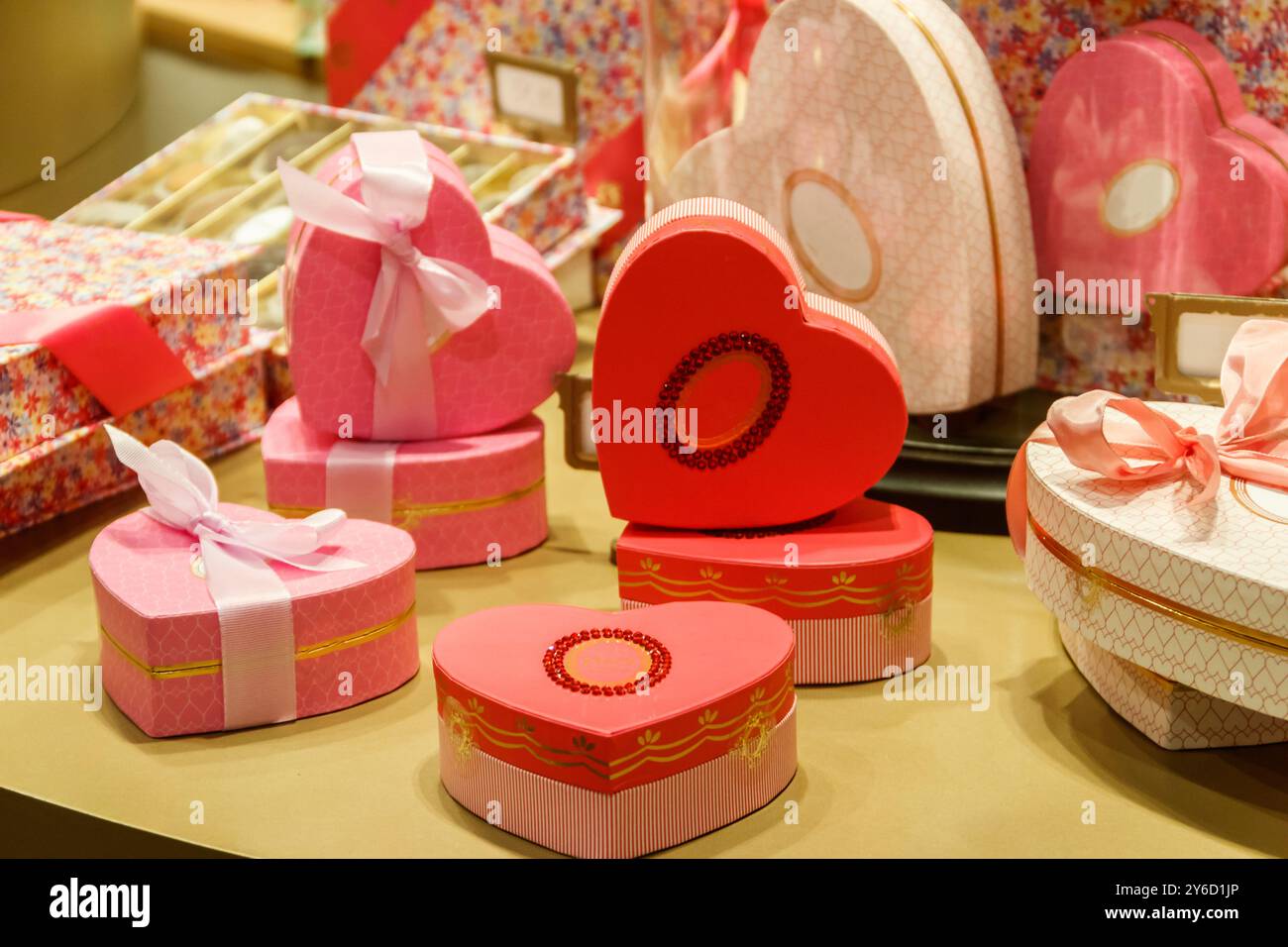 Heart shaped gift boxes on a store display. Valentine Day concept Stock ...