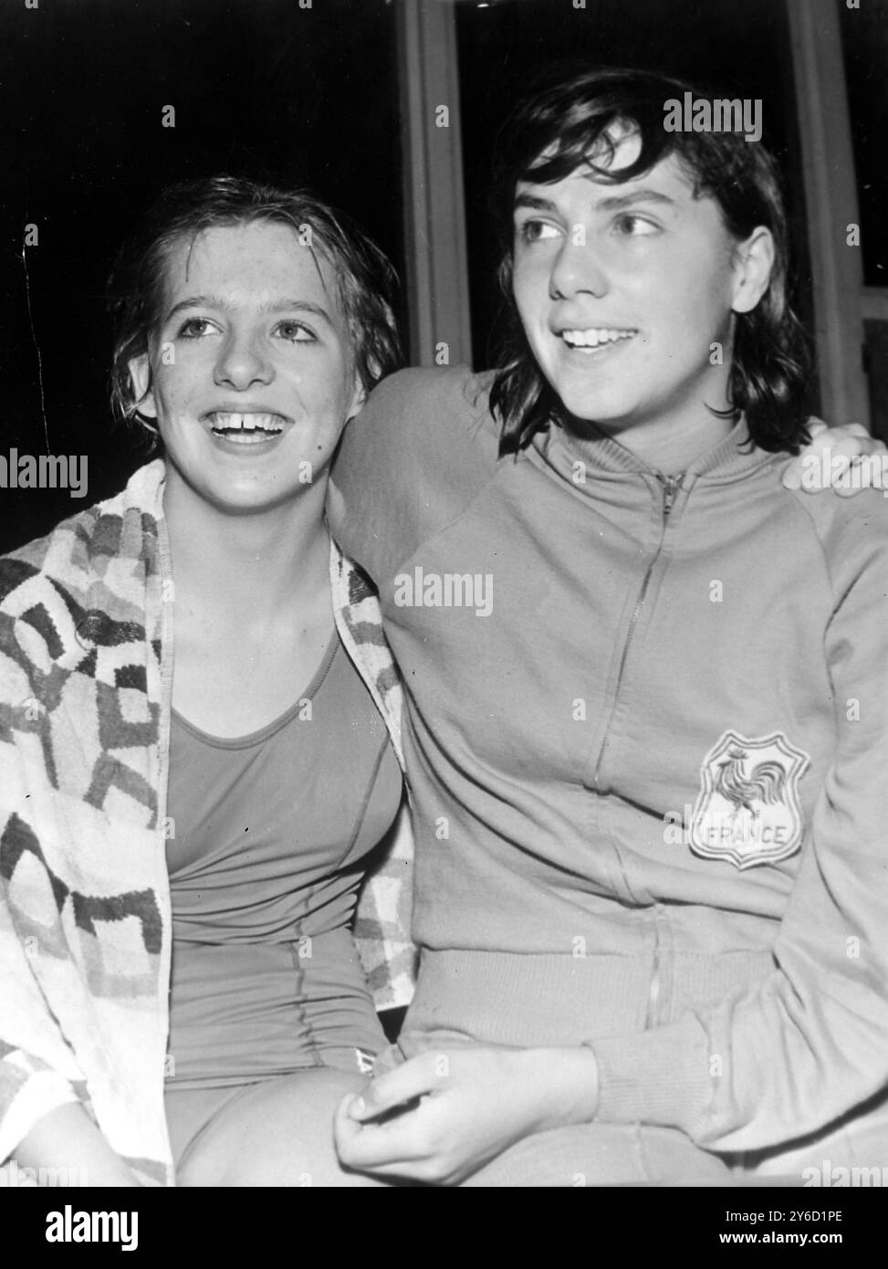 LINDA LUDGROVE CONGRAULATED BY CHRISTINE CARON IN SWIMMING CONTEST IN ...
