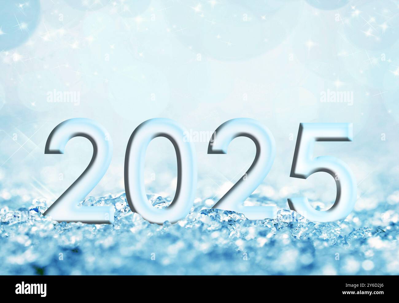 2025, new year card, blue icy snow and bokeh christmas and holidays backgroundbackground Stock ...
