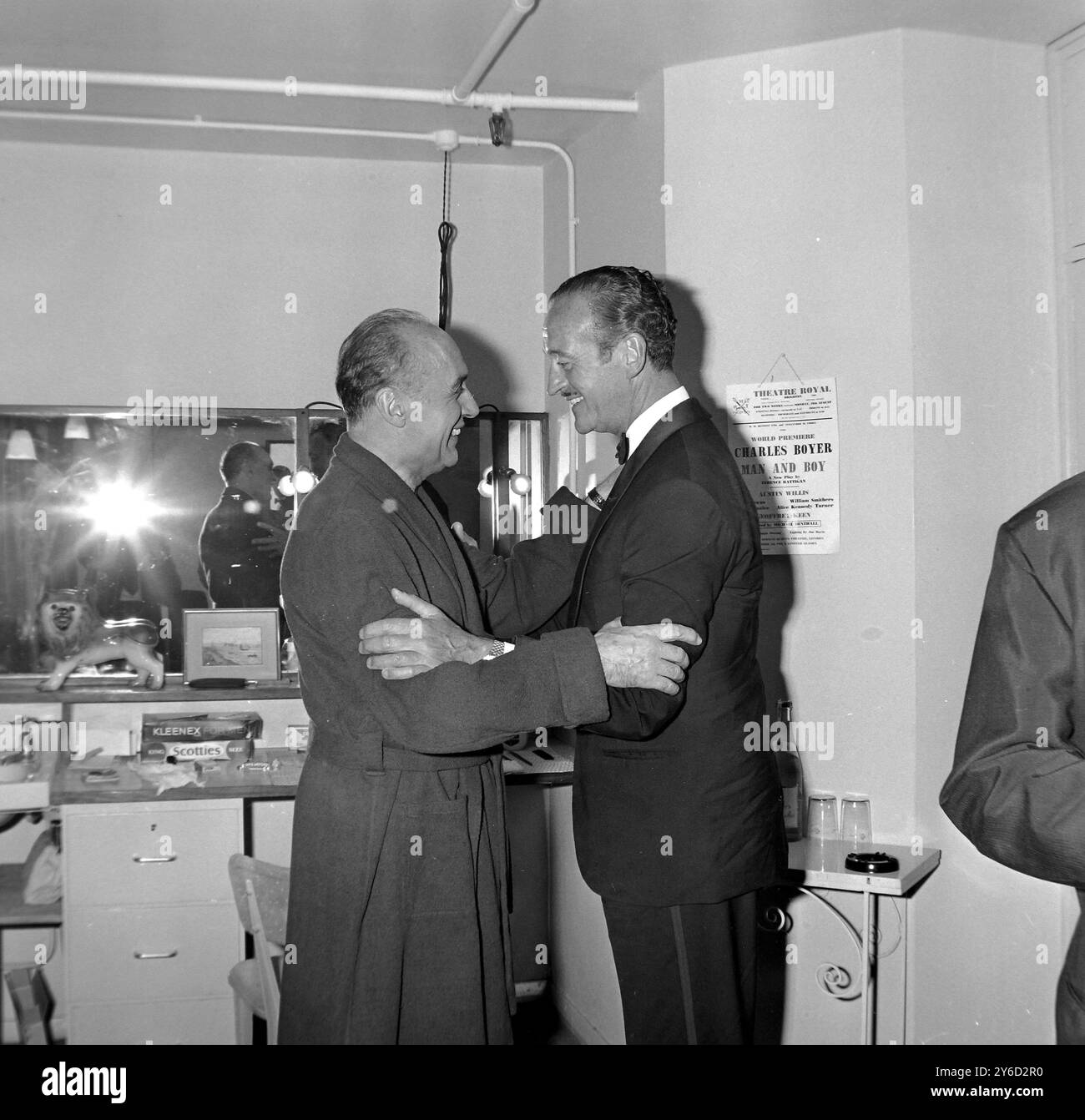 CHARLES BOYER WITH DAVID NIVEN AT THE QUEEN'S THEATRE IN LONDON ; 5 ...