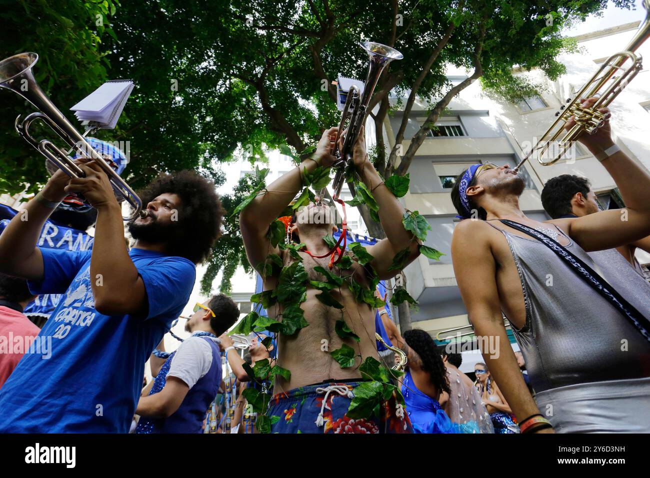 Sao Paulo, SP, Brazil - February 24, 2020: Men play trumpets during the ...