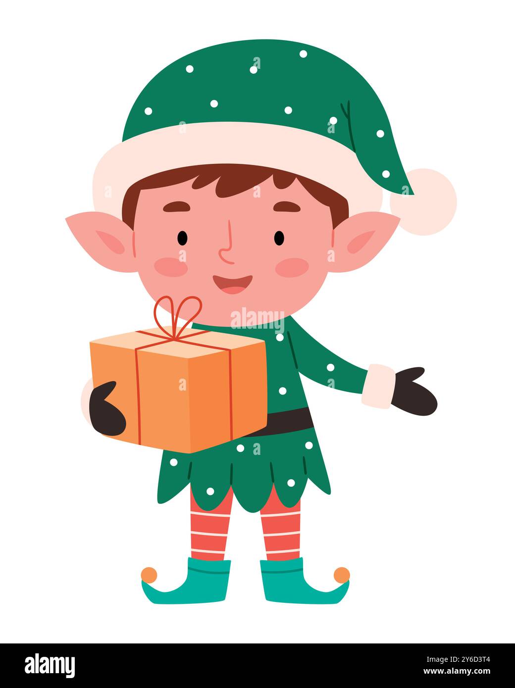 Cute christmas elf holding present decorated with bow. Happy cute ...