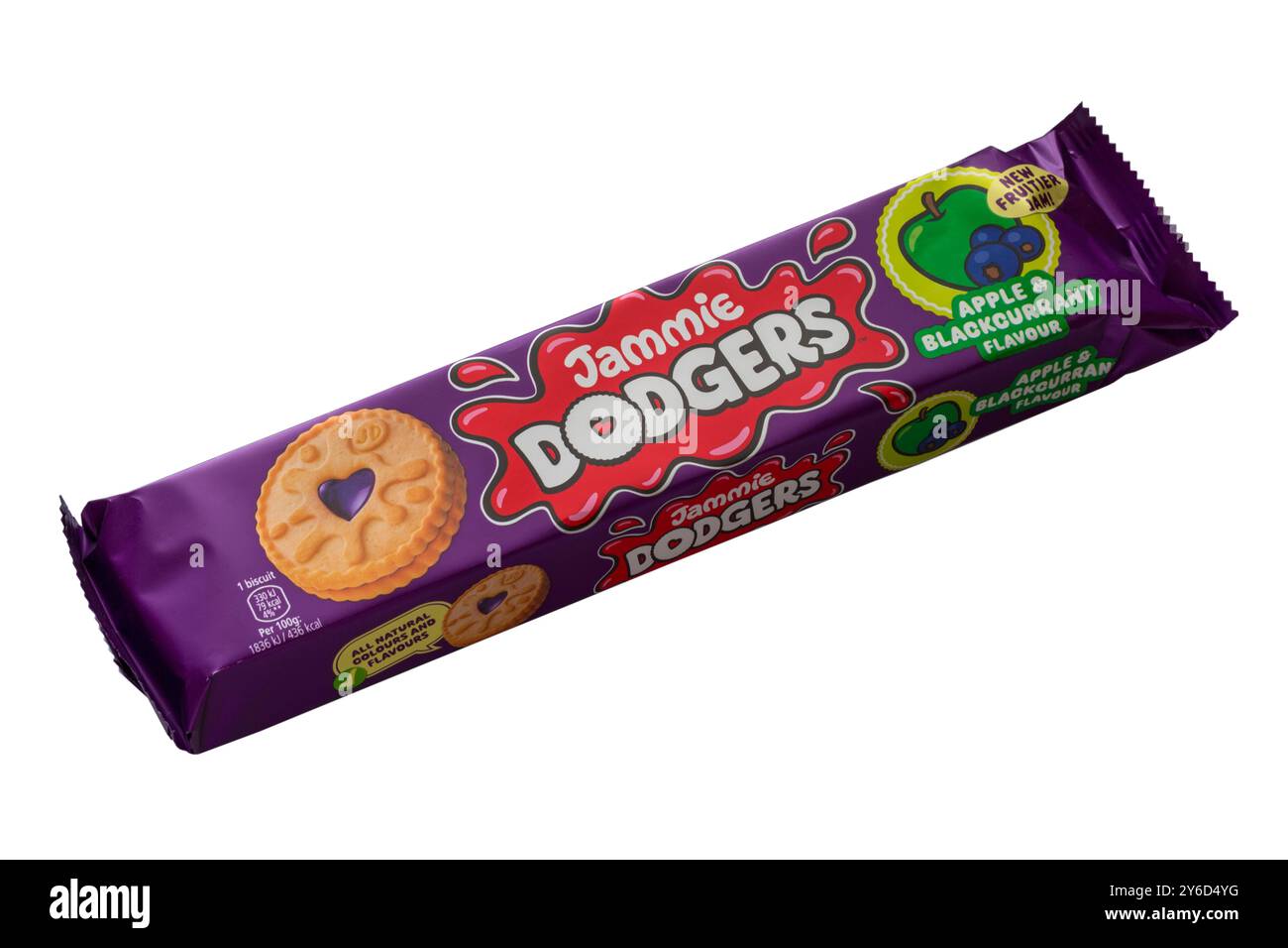Packet of Jammie Dodgers Apple & Blackcurrant flavour biscuits isolated ...