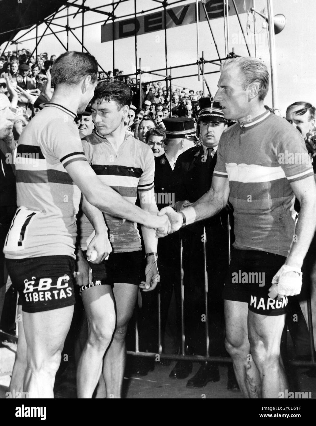 CYCLISTS RIK VAN LOOY, ANDRE DARRIGADE SHAKE HANDS WITH BENONI BEHEYT ...