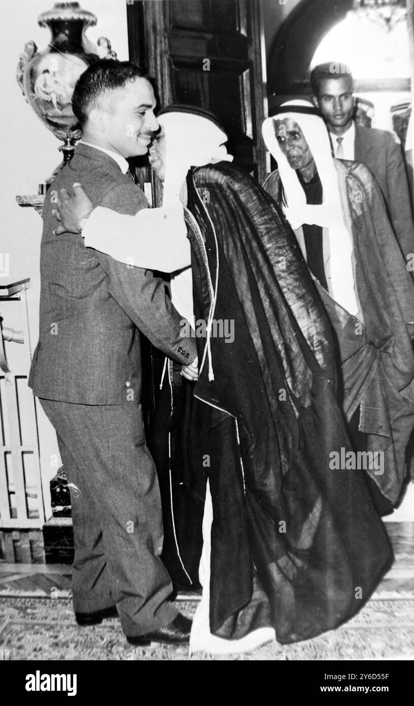 KING HUSSEIN OF JORDAN GREETS TRIBE LEADER IN AMMAN ; 10 AUGUST 1963 ...