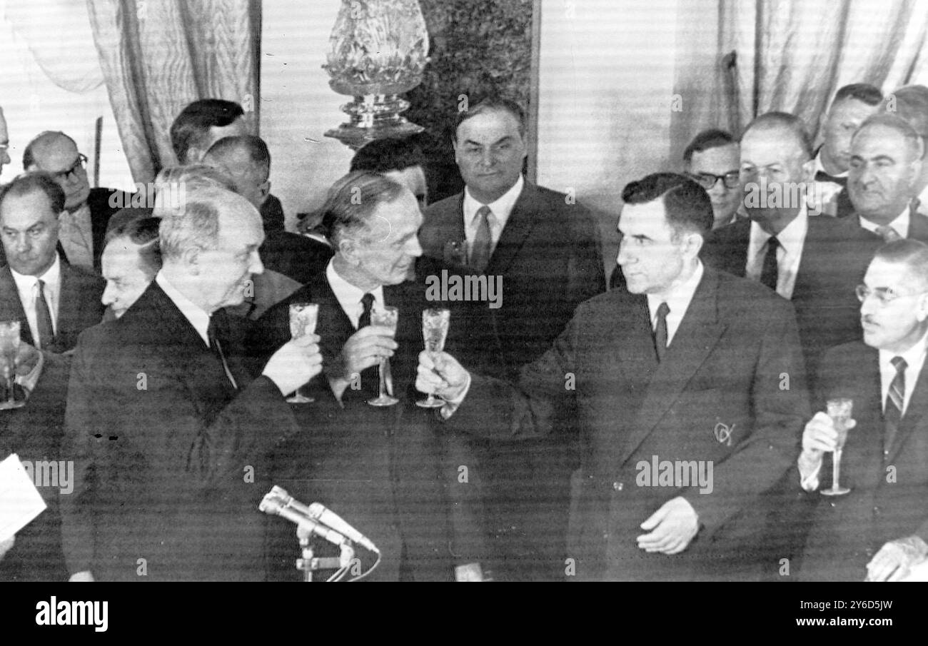 LORD HOME, ANDREI GROMYKO AND DEAN RUSK CELEBRATING AT NUCLEAR TEST BAN ...