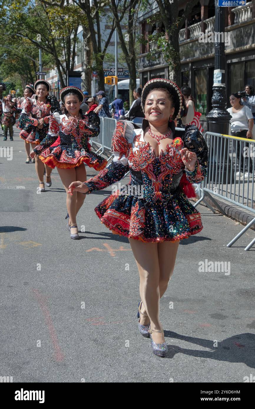 A happy Peruvian American young lady marches & dances in a colorful ...