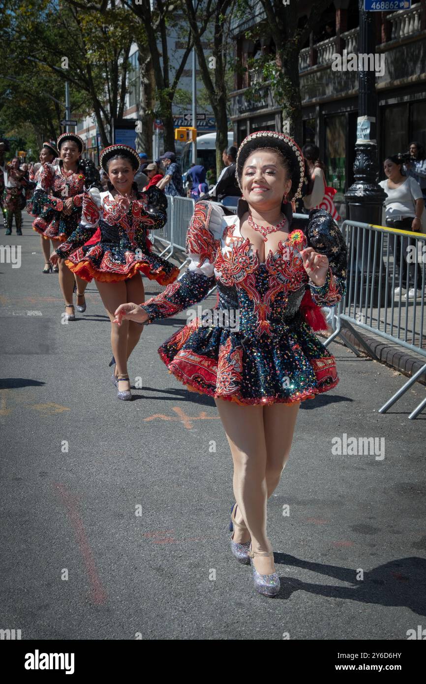 A happy Peruvian American young lady marches & dances in a colorful ...